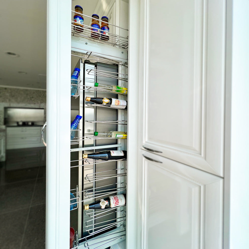 Tall Unit Pull-out Bottle Storage Rack with Wire Shelves for 17 Bottles ...